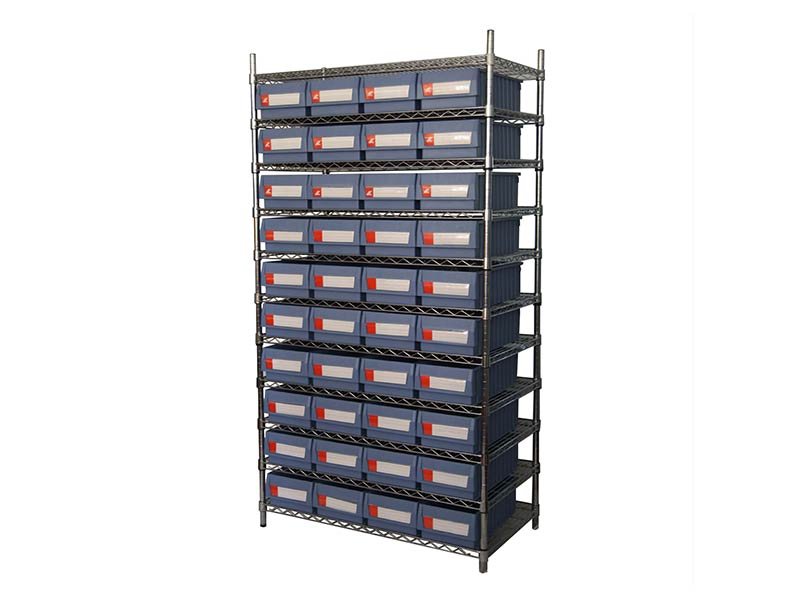 Wire shelving rack with storage bins