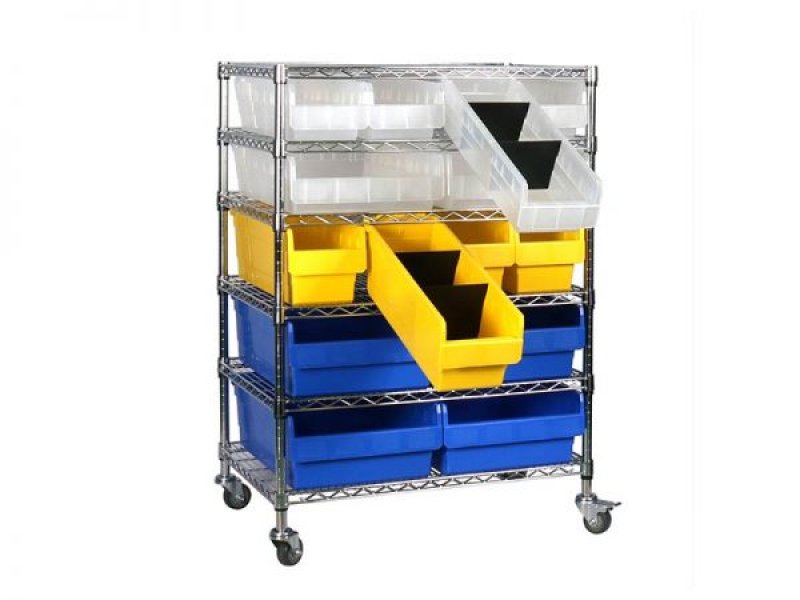 Mobile wire shelving with shelf bins
